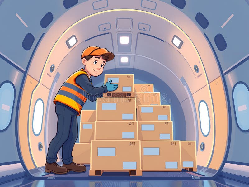 Cartoon Cargo Worker Loading Packages into an Airplane with Mountain ...