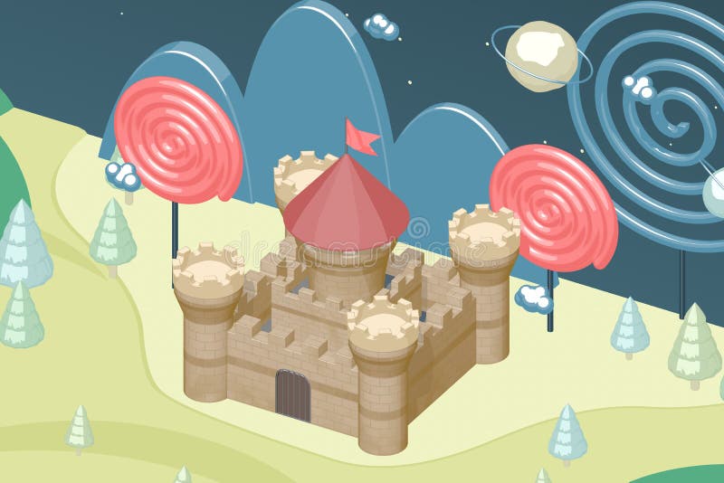 Cartoon Castle and Candy in the Wild, Raster Illustration Stock ...
