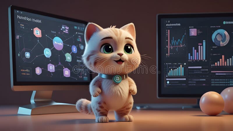 Cartoon Cat Character in Front of Computer Monitors Stock Illustration ...