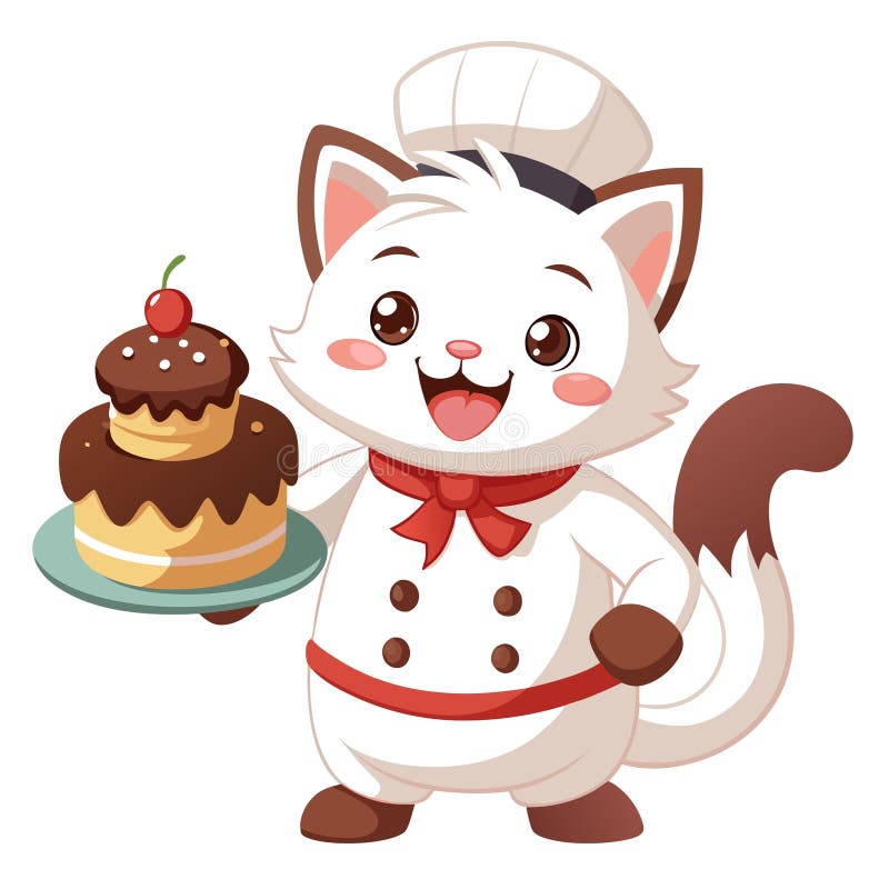 A Cartoon Cat Chef is Holding a Cake and a Cupcake Stock Illustration ...