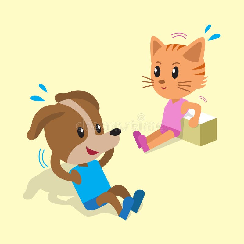 Cartoon Cat and Dog Doing Exercise with Exercise Bike and Treadmill ...