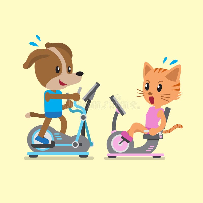 Cartoon Cat and Dog Doing Exercise with Exercise Bike and Elliptical ...