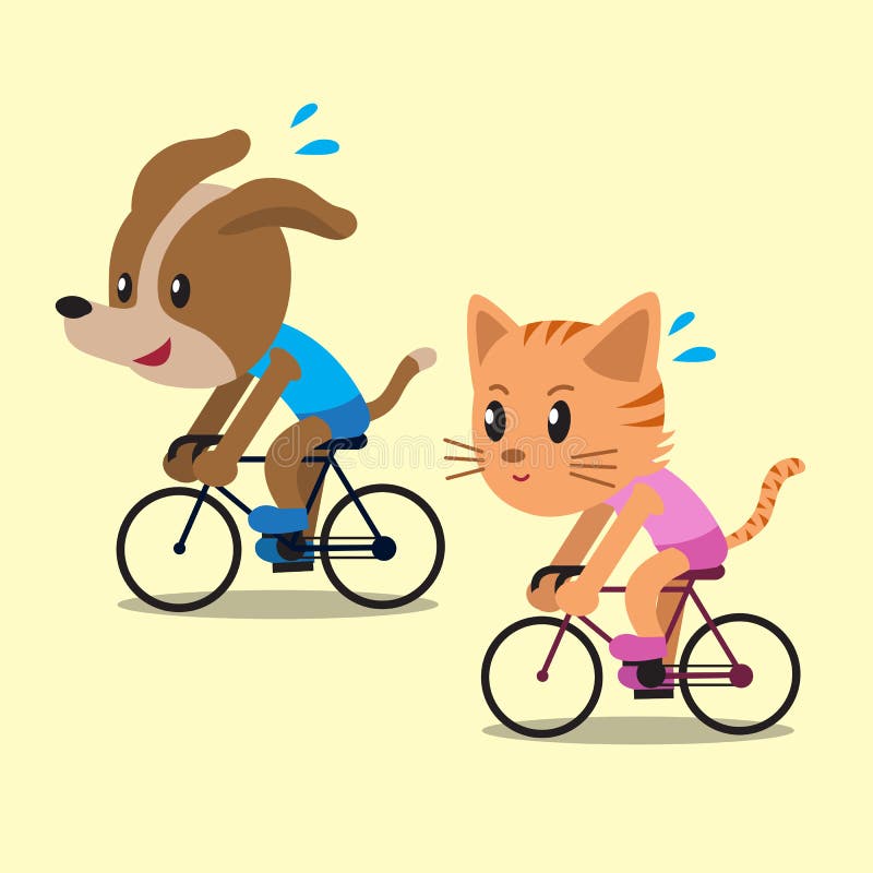Cartoon a Cat and a Dog Ride Bikes Stock Vector - Illustration of ...