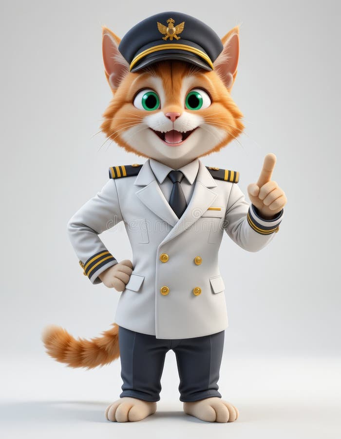 Cartoon Cat Dressed As Pilot Pointing Upwards with a Friendly ...