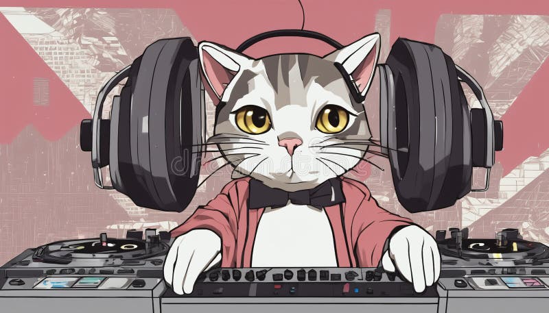 Cartoon Cat DJ in Action with Headphones and Turntable Generative AI ...