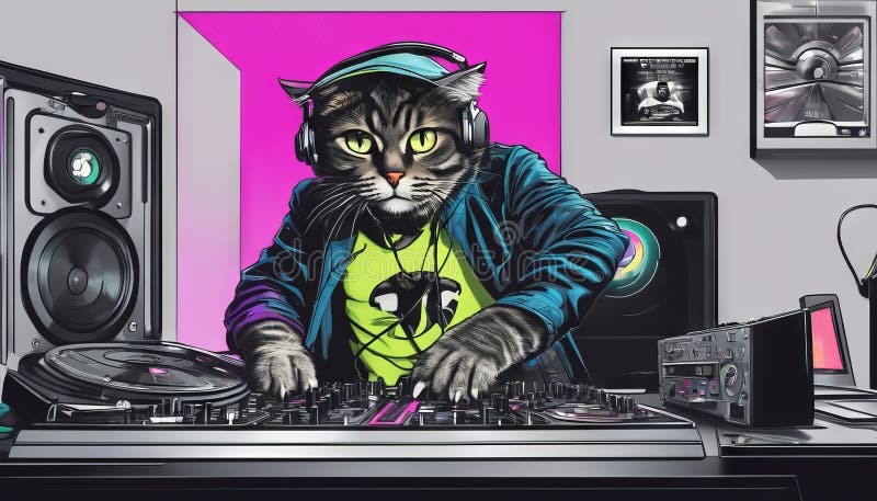 Cartoon Cat DJ in Action with Headphones and Turntable Generative AI ...