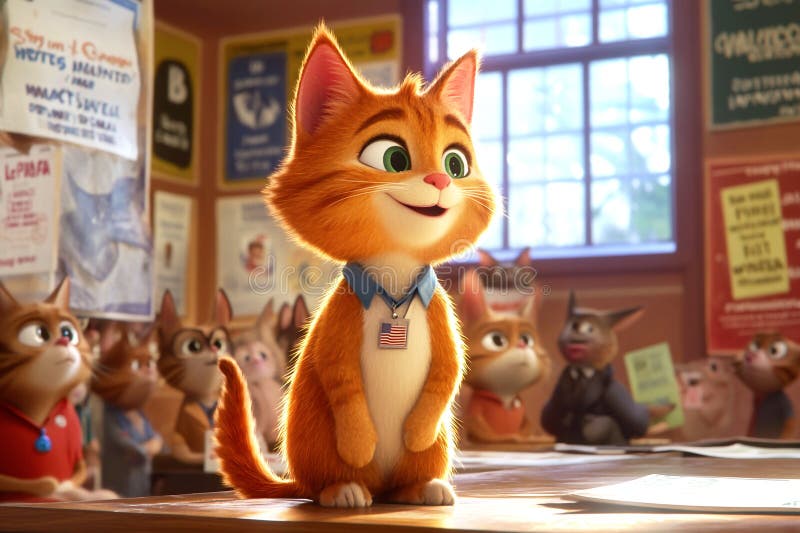 A Cartoon Cat with a Funny Squinting Expression, Standing in Front of a ...