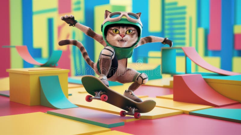 A Cartoon Cat in a Helmet Riding on Top of an Obstacle Course, AI Stock ...