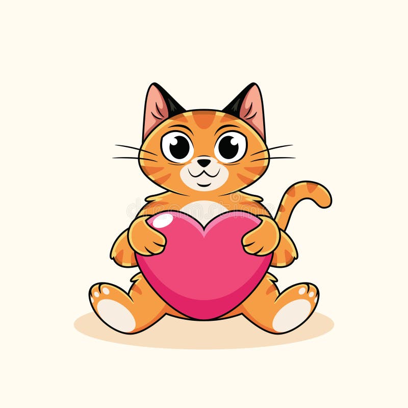 Cartoon Cat Holding a Heart with a Funny Face Stock Vector ...