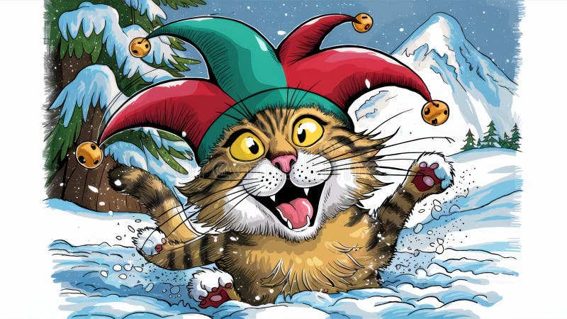 A Cartoon Cat in a Jester Hat Running through the Snow, AI Stock Image ...
