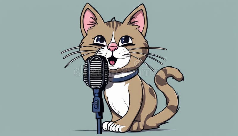 A Cartoon Cat with a Microphone Stock Illustration - Illustration of ...