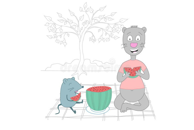 Cartoon Cat and Mouse Eating Watermelon at a Picnic. Summer Pastime for ... Cartoon Cat and Mouse Eating Watermelon at a Picnic. Summer Pastime for ...