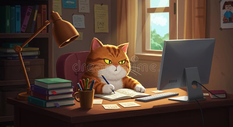 A Cartoon Cat with Orange and White Fur is Seated at a Desk in Front of ...