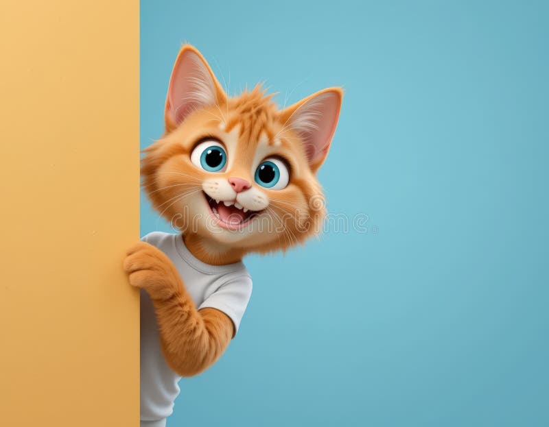 Cartoon Cat Peeking Around Corner with a Smiling Expression Stock ...