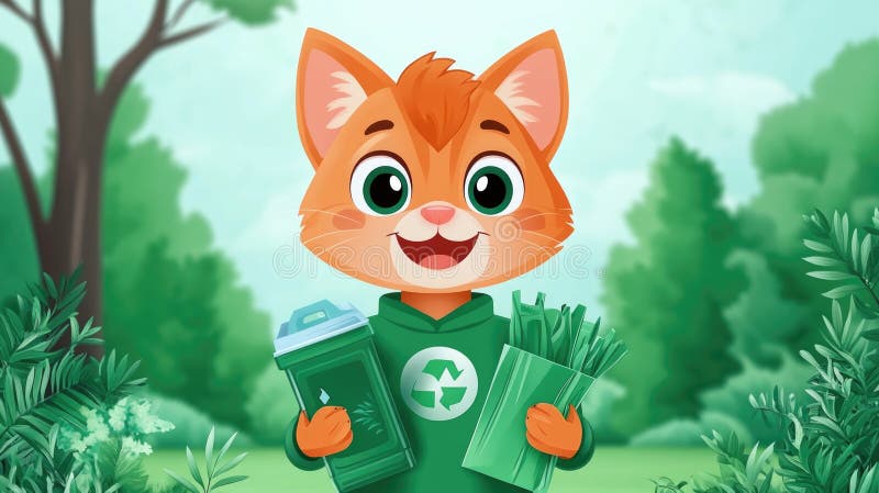 Cartoon Cat Promoting Recycling in a Forest Setting Stock Illustration ...