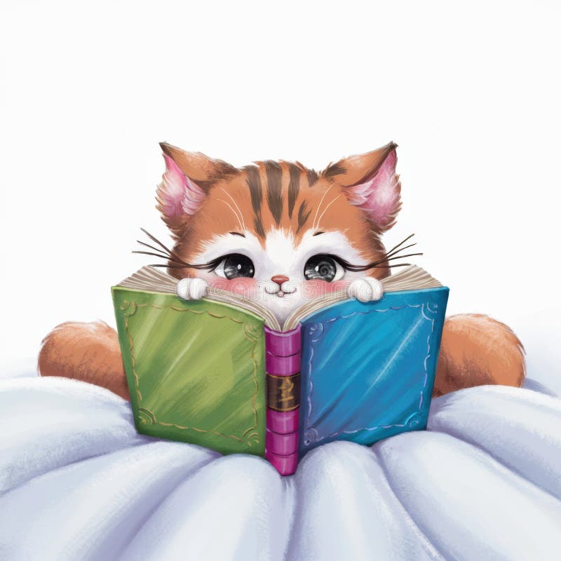 A Cartoon Cat is Reading a Book on the Bed, AI Stock Photo - Image of ...