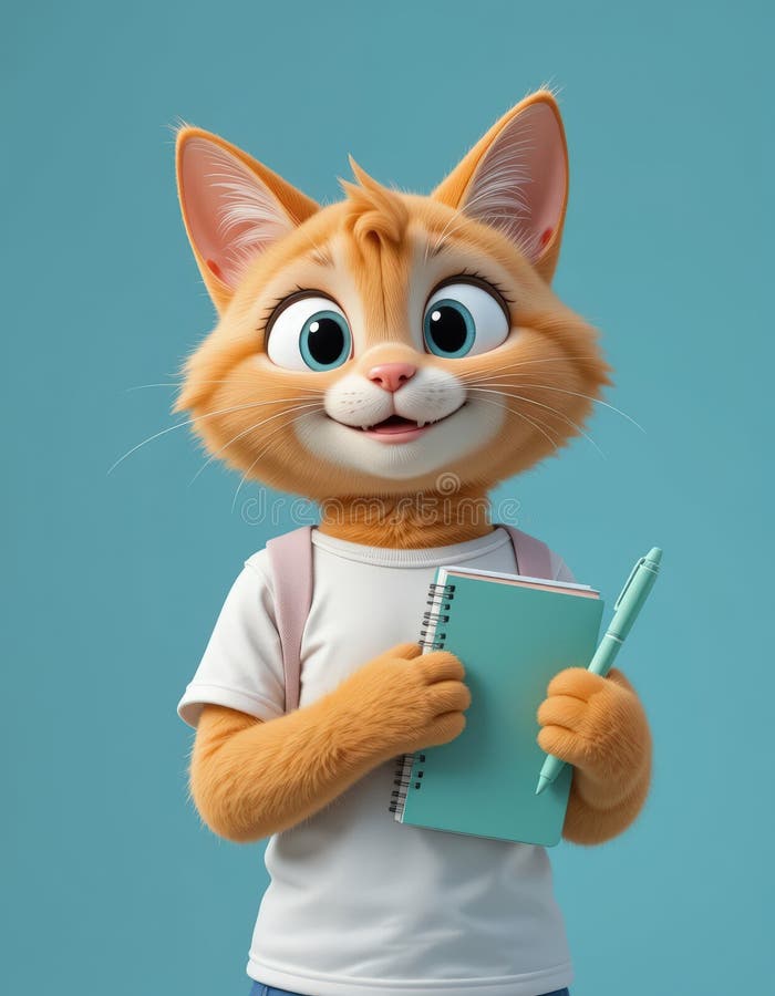 Cartoon Cat Ready for School Holding Notebook and Writing Pen Stock ...