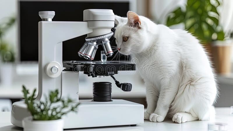 Cartoon Cat Researcher Surrounded by Laboratory Instruments Conducting ...
