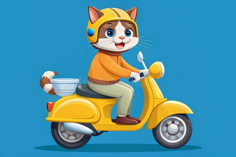 A Cartoon Cat Riding a Yellow Motorcycle on a Blue Background Stock ...