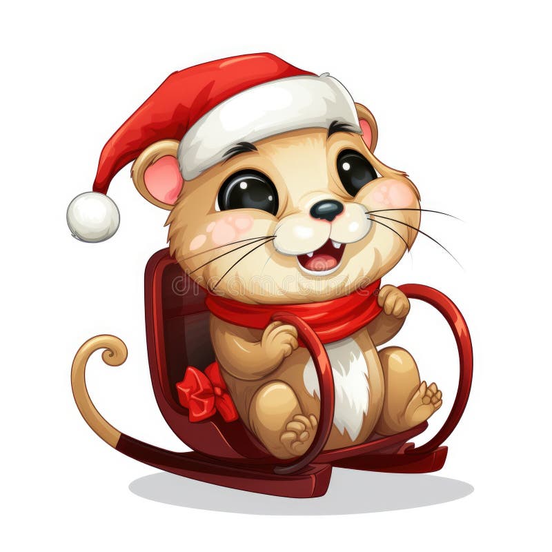 A Cartoon Cat in a Santa Hat Sitting on a Sled. Stock Illustration ...