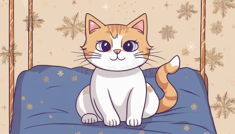 A Cartoon Cat Sitting on a Bed Stock Illustration - Illustration of ...