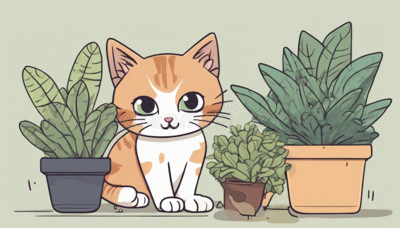 A Cartoon Cat Sitting in Front of Potted Plants Stock Illustration ...
