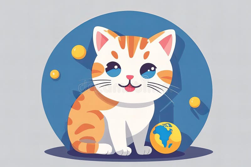 Cartoon Cat is Sitting on the Ground with a Globe in Front of it Stock ...