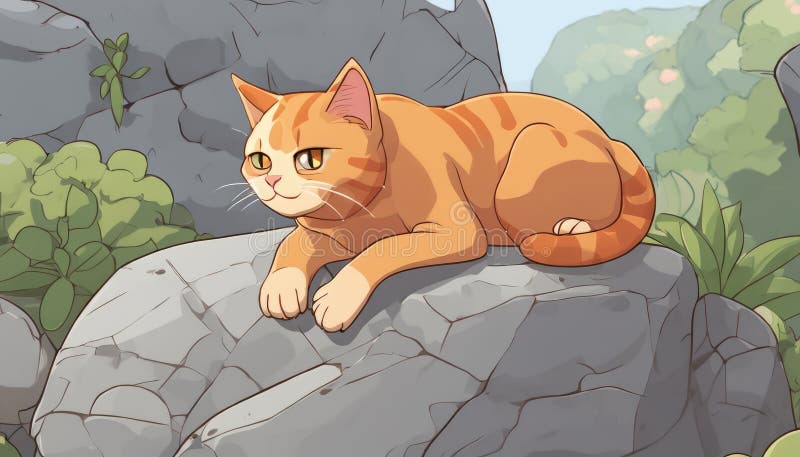 A Cartoon Cat Sitting on a Rock Stock Illustration - Illustration of ...