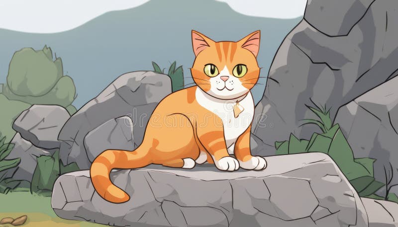 A Cartoon Cat Sitting on a Rock Stock Illustration - Illustration of ...