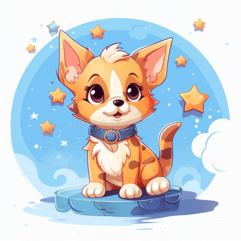 A Cartoon Cat Sitting on Top of a Rock with Stars in the Sky Stock ...