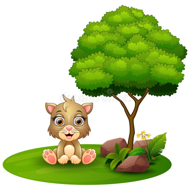 Cartoon Cat Sitting Under a Tree on a White Background Stock Vector ...