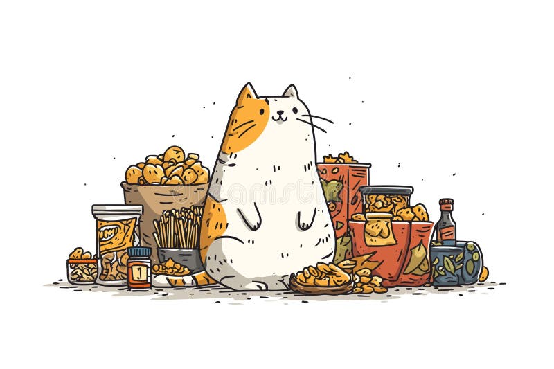 Cartoon Cat Surrounded by Snacks and Treats Cone Isolated Stock Vector ...