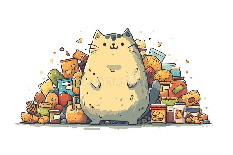 Cartoon Cat Surrounded by Snacks and Treats Cartoon Isolated Stock ...