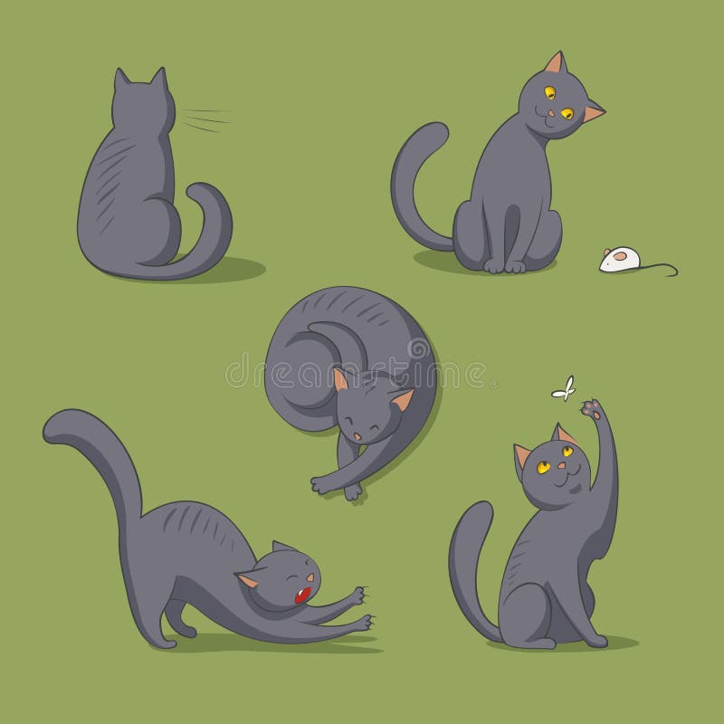 Cartoon Cat in Various Poses Stock Vector - Illustration of grey, sleep ...