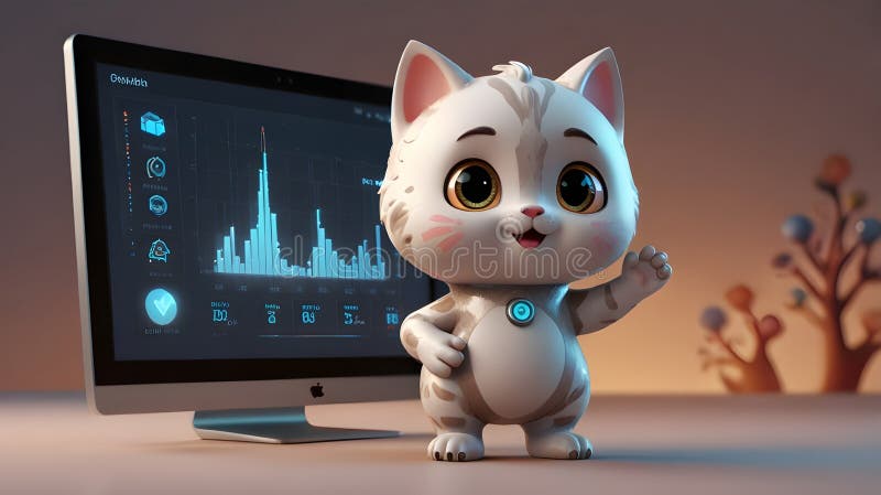 Cartoon Cat Waves Next To Computer Graph Stock Illustration ...