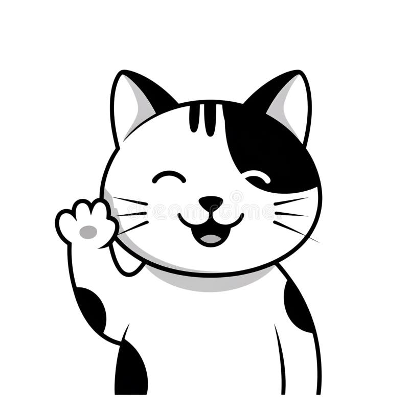 Happy Cute Cartoon Cat Waving Paw Black White Design Pet Wave Icon ...