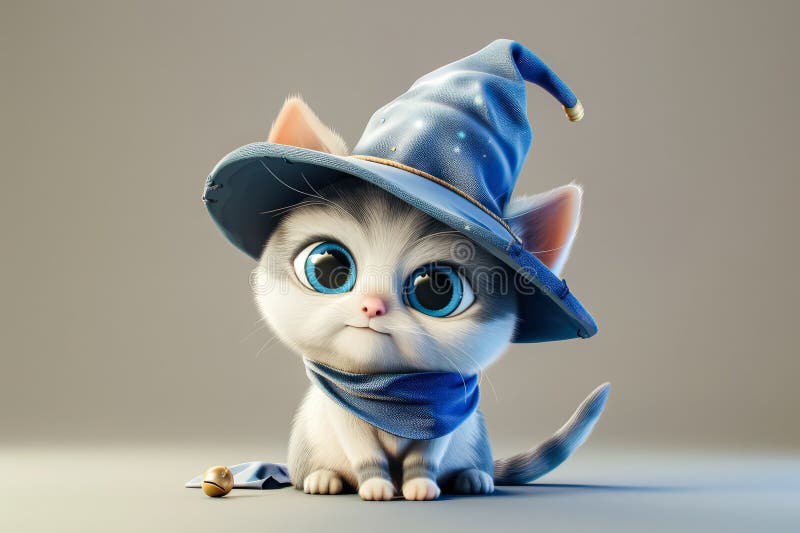 Cartoon Cat Wearing a Wizard Hat and a Blue Scarf. Stock Photo - Image ...