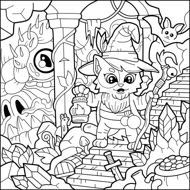 Cartoon Cat Wizard Coloring Book Stock Vector - Illustration of animals ...