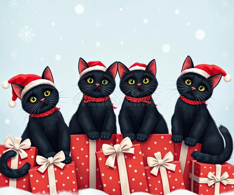 Cartoon of Cats in a Christmas Scene Stock Illustration - Illustration ...