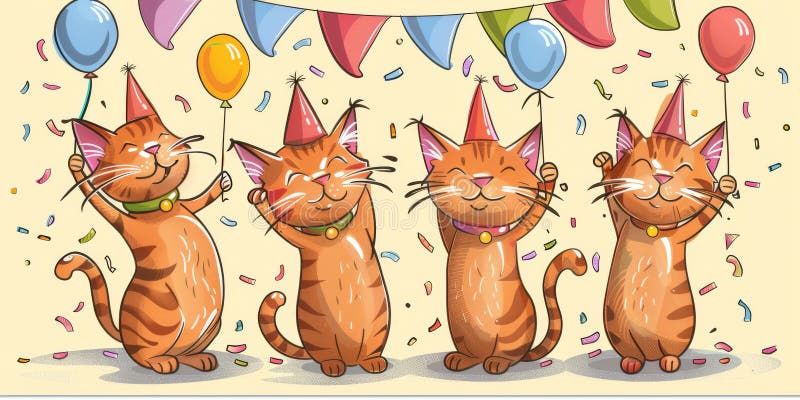 Cartoon Cats Party Celebration, Cats with a Balloons Stock Photo ...