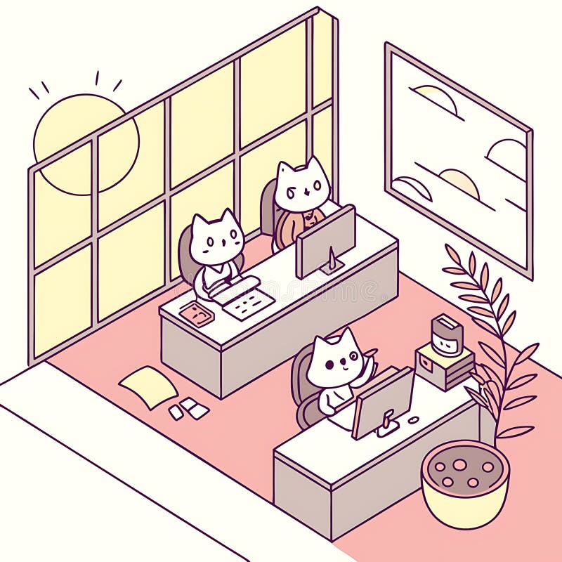 Cartoon Cats Working in a Bright Office Space with Computers and Potted ...