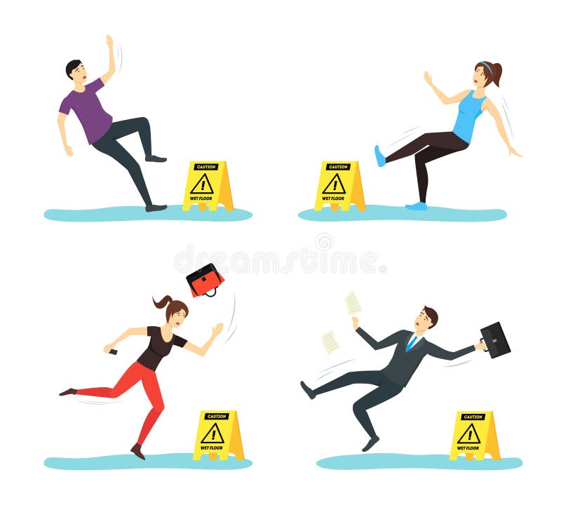 Cartoon Caution Wet Floor with People Characters Set. Vector Stock ...