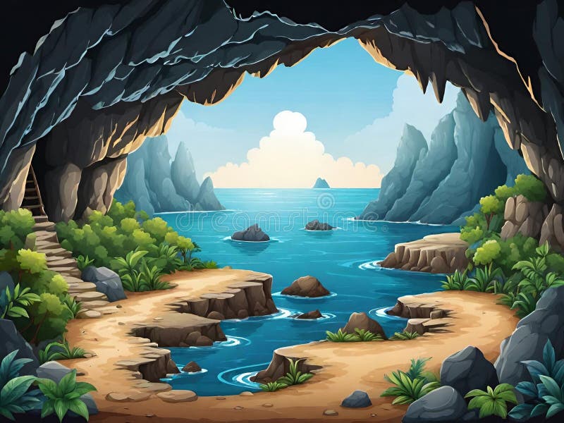 Cartoon Cave with Mountains and Trees Stock Illustration - Illustration ...