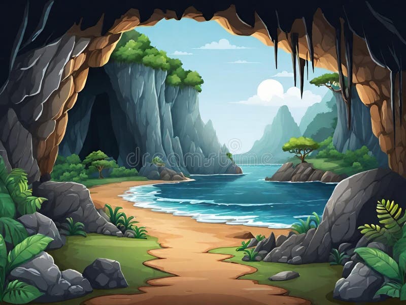 Cartoon Cave with Mountains and Trees Stock Illustration - Illustration ...