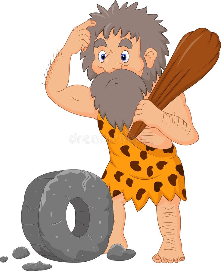 Cartoon Caveman Inventing Stone Wheel with Cave Background Stock Vector ...