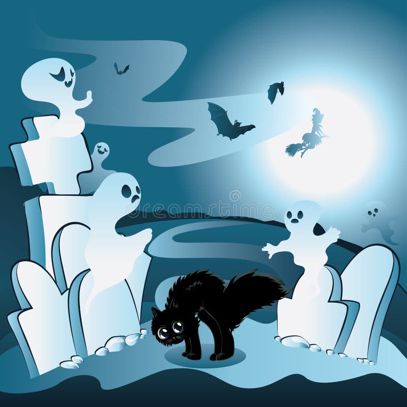 Cartoon Cemetery with Ghosts Stock Vector - Illustration of dark ...