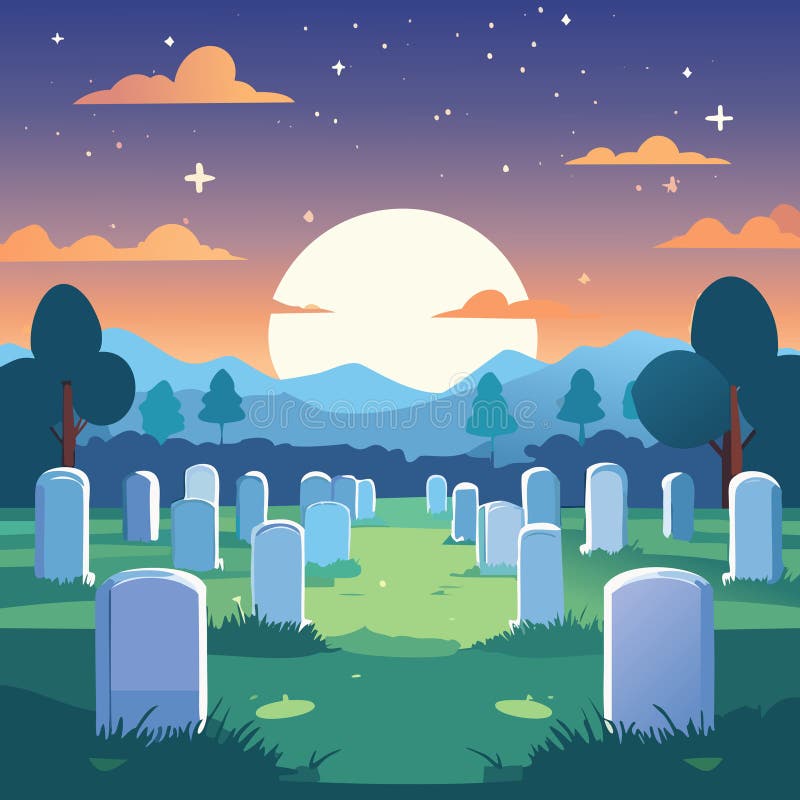 Cartoon Cemetery at Night. Vector Illustration of Graves in Moon Light ...