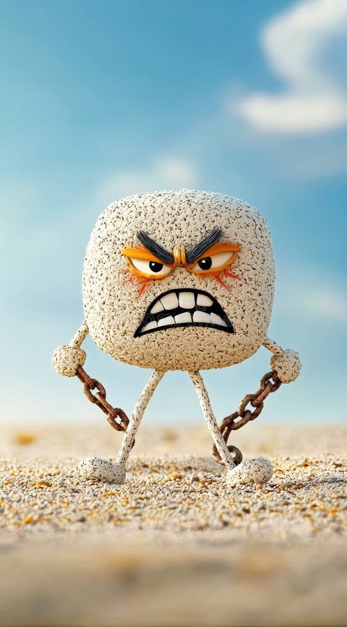 Cartoon Character with Angry Expression, Chains, and Sandy Background ...