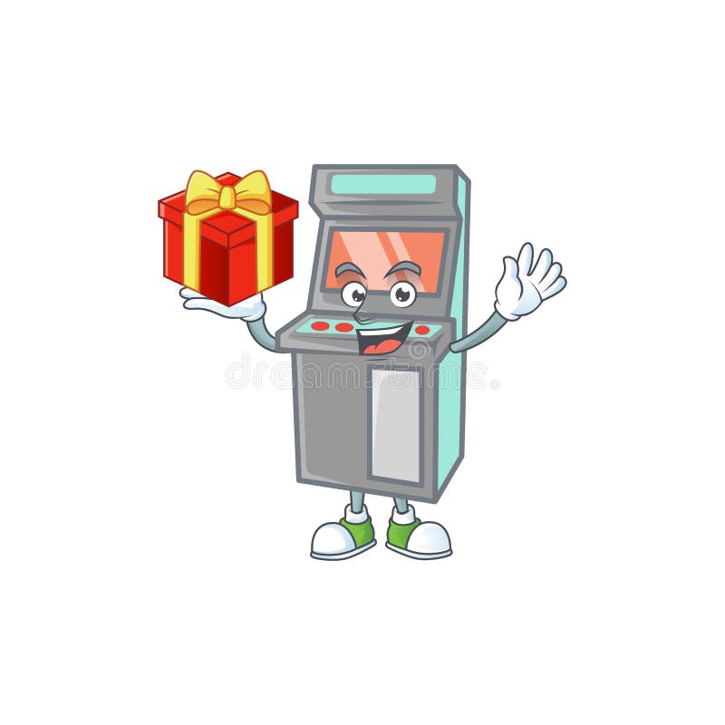 Cartoon Character of Arcade Game Machine with a Box of Gift Stock ...
