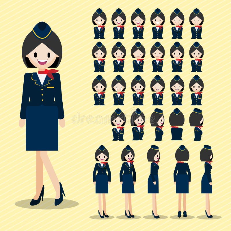 Cartoon Character with Beautiful Air Hostess, Lady Head Vector Set ...